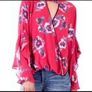 Banjara | Tops | 98 S Red Indigo Peasant Boho Top Bell Sleeve Tier Wrap Bold Floral Watercolor ...